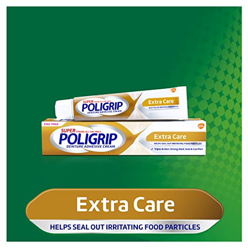 Super Poligrip Extra Care Denture Adhesive Cream, Zinc Free Denture Cream - 2.2 Ounces (Pack of 4)