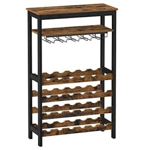 songmics 24-bottle freestanding wine rack, wine storage display shelves with tabletop and glass holder, bar rack with bottle holder for kitchen bar dining room, rustic brown and black ukwr028b01