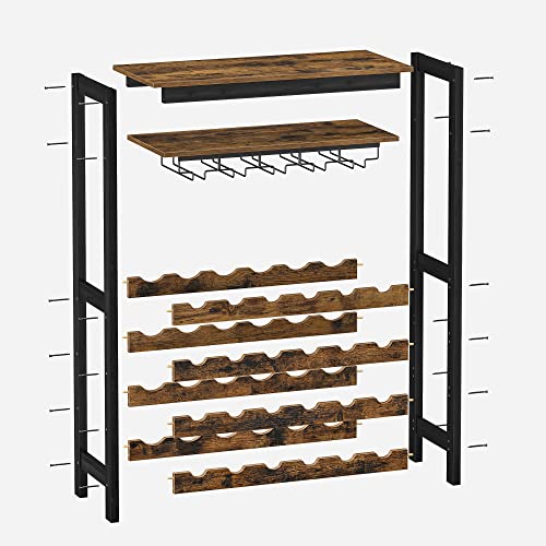 SONGMICS 24-Bottle Freestanding Wine Rack, Wine Storage Display Shelves with Tabletop and Glass Holder, Bar Rack with Bottle Holder for Kitchen Bar Dining Room, Rustic Brown and Black UKWR028B01