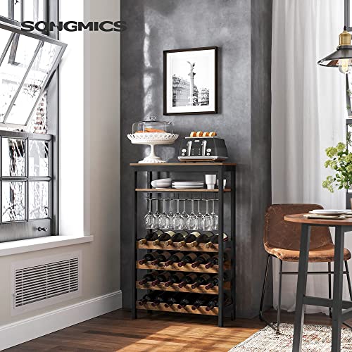 SONGMICS 24-Bottle Freestanding Wine Rack, Wine Storage Display Shelves with Tabletop and Glass Holder, Bar Rack with Bottle Holder for Kitchen Bar Dining Room, Rustic Brown and Black UKWR028B01