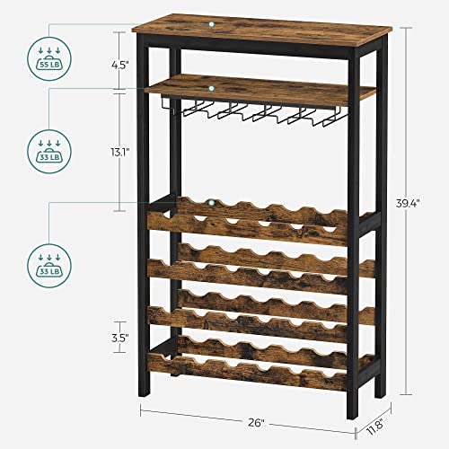 SONGMICS 24-Bottle Freestanding Wine Rack, Wine Storage Display Shelves with Tabletop and Glass Holder, Bar Rack with Bottle Holder for Kitchen Bar Dining Room, Rustic Brown and Black UKWR028B01