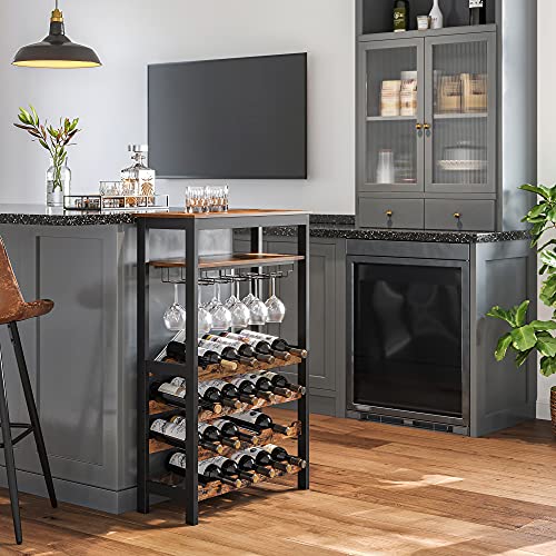 SONGMICS 24-Bottle Freestanding Wine Rack, Wine Storage Display Shelves with Tabletop and Glass Holder, Bar Rack with Bottle Holder for Kitchen Bar Dining Room, Rustic Brown and Black UKWR028B01