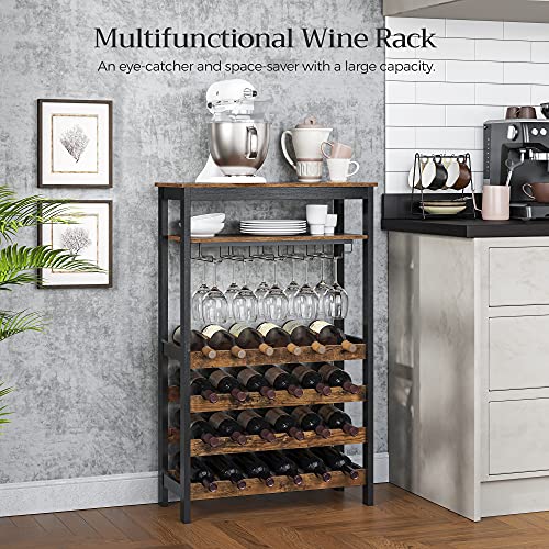 SONGMICS 24-Bottle Freestanding Wine Rack, Wine Storage Display Shelves with Tabletop and Glass Holder, Bar Rack with Bottle Holder for Kitchen Bar Dining Room, Rustic Brown and Black UKWR028B01