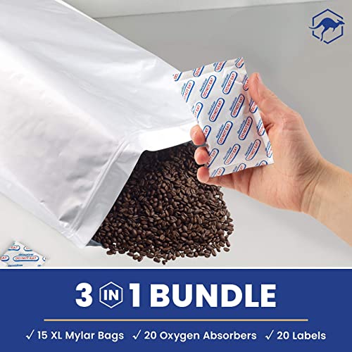 15x Silver 5 Gallon Wallaby Mylar Bag - (5 Mil) and 75 Wallaby Mylar Bags - Bundle - 1 Gallon - Matte Black (5 Mil - 10’’x14’’), Oxygen Absorbers, Labels - Resealable Zipper, Heat Seal, FDA Grade