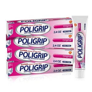 super poligrip original denture adhesive cream, zinc free denture cream for dentures - 2.4 ounces (pack of 4)