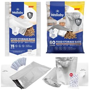 15x silver 5 gallon wallaby mylar bag - (5 mil) + 60 mylar bag bundle - 1 gallon stand-up zipper pouches - (7.5 mil-10’’x14’’), oxygen absorbers, labels - resealable zipper, heat seal, fda grade