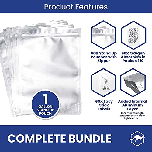 15x Silver 5 Gallon Wallaby Mylar Bag - (5 Mil) + 60 Mylar Bag Bundle - 1 Gallon Stand-Up Zipper Pouches - (7.5 Mil-10’’x14’’), Oxygen Absorbers, Labels - Resealable Zipper, Heat Seal, FDA Grade