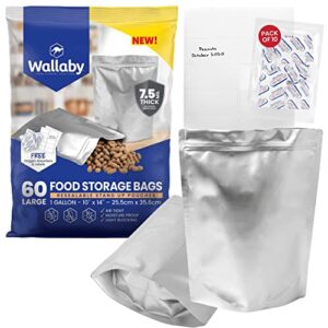 15x Silver 5 Gallon Wallaby Mylar Bag - (5 Mil) + 60 Mylar Bag Bundle - 1 Gallon Stand-Up Zipper Pouches - (7.5 Mil-10’’x14’’), Oxygen Absorbers, Labels - Resealable Zipper, Heat Seal, FDA Grade