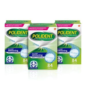 polident overnight whitening denture cleaner tablets, effervescent denture cleanser tablets - 84 count (pack of 3)