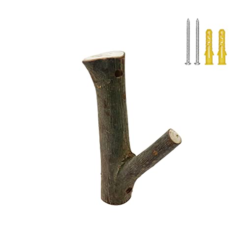 HONJIE 4Pcs Real Wood Tree Branch Wall Hook, Farmhouse Rustic Decorative Wooden with Bark Trunk Thickness 2cm-3cm with Screw