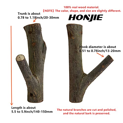 HONJIE 4Pcs Real Wood Tree Branch Wall Hook, Farmhouse Rustic Decorative Wooden with Bark Trunk Thickness 2cm-3cm with Screw