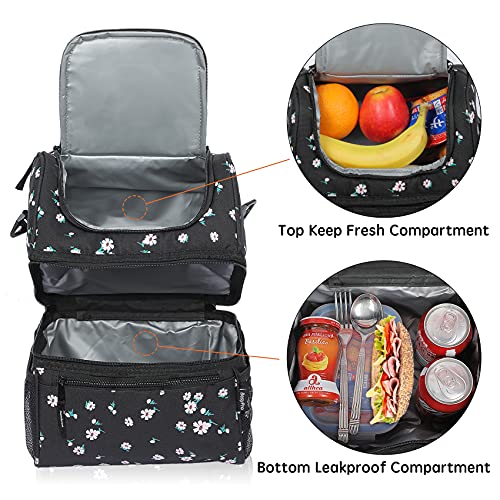 BesyPro Insulated Dual Compartment Lunch Bag for Women,Leakproof Cooler Food Bag with Shoulder Strap for Adult,Thermal Bento Lunch Bag for Work,School,Picnic,Beach Flower