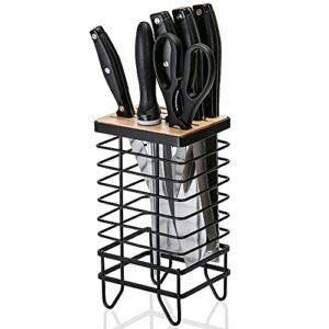 LINFIDITE Knife Block Holder Universal Kitchen Knife Organizer Storage Stand 8 Slots Top Hollow Iron Wire Safe to Use Different Size Shape Knife Sharpeners Scissors Kitchen Countertop Black