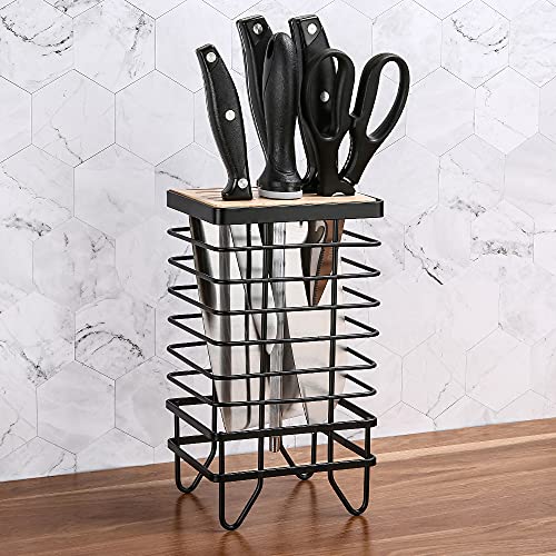 LINFIDITE Knife Block Holder Universal Kitchen Knife Organizer Storage Stand 8 Slots Top Hollow Iron Wire Safe to Use Different Size Shape Knife Sharpeners Scissors Kitchen Countertop Black