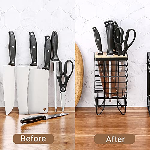 LINFIDITE Knife Block Holder Universal Kitchen Knife Organizer Storage Stand 8 Slots Top Hollow Iron Wire Safe to Use Different Size Shape Knife Sharpeners Scissors Kitchen Countertop Black