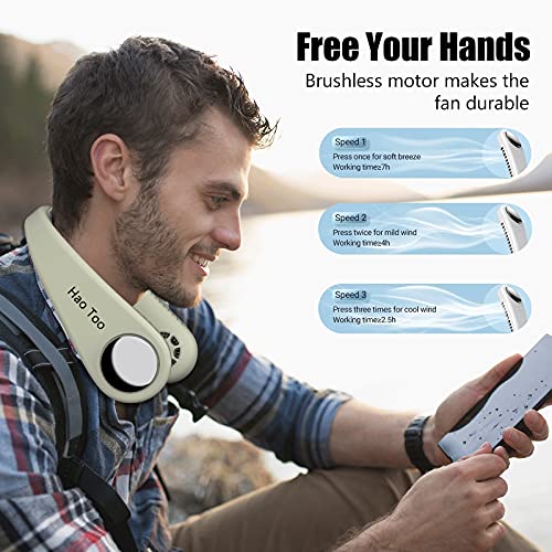 HAO TOO Portable Neck Fan, Wearable Air Conditioner, USB Charging, Hanging Neck Headset Design, 360° Rotation, 3 Levels Adjustable, Suitable For Travel, Sports, Office