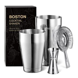 kitessensu boston cocktail shaker set, 4-piece boston shaker tins bartender kit with 18oz & 28oz mixed drink shaker, hawthorne strainer, double measuring jigger, cocktail recipe cards included