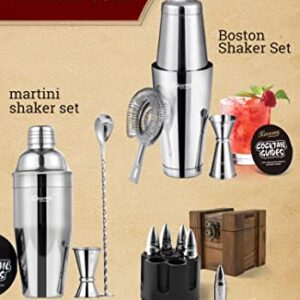 KITESSENSU Boston Cocktail Shaker Set, 4-Piece Boston Shaker Tins Bartender Kit with 18oz & 28oz Mixed Drink Shaker, Hawthorne Strainer, Double Measuring Jigger, Cocktail Recipe Cards Included