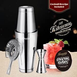 KITESSENSU Boston Cocktail Shaker Set, 4-Piece Boston Shaker Tins Bartender Kit with 18oz & 28oz Mixed Drink Shaker, Hawthorne Strainer, Double Measuring Jigger, Cocktail Recipe Cards Included