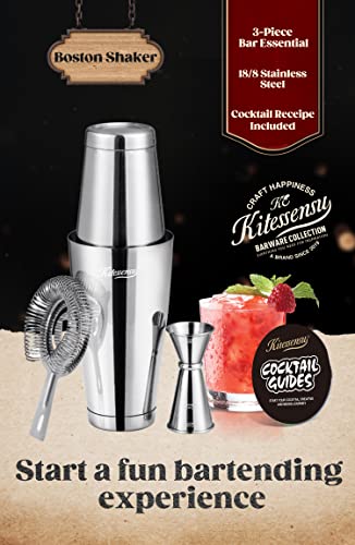 KITESSENSU Boston Cocktail Shaker Set, 4-Piece Boston Shaker Tins Bartender Kit with 18oz & 28oz Mixed Drink Shaker, Hawthorne Strainer, Double Measuring Jigger, Cocktail Recipe Cards Included