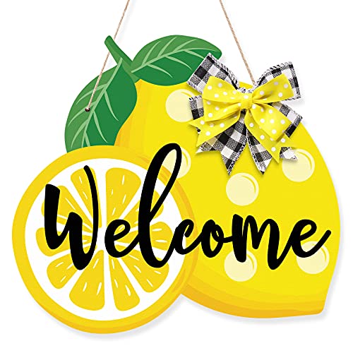 Huray Rayho Lemon Welcome Door Sign Summer Farmhouse Wooden Front Door Hanger, 13.7''x12.5'' Fresh Lemon with Yellow Black White Buffalo Plaid Bowknot, Summer Gift Ideas for Parents, Friends, Teachers