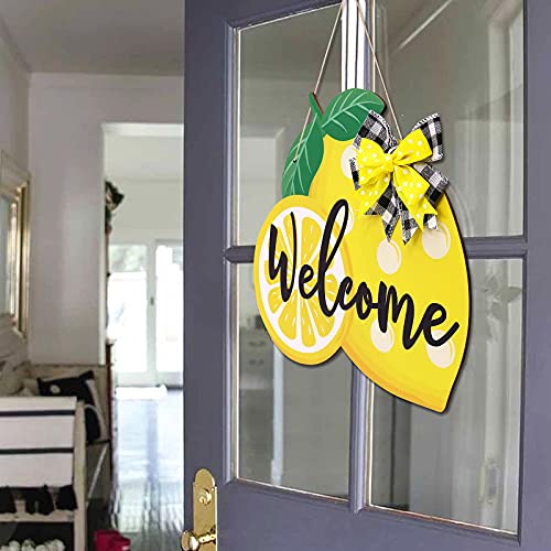 Huray Rayho Lemon Welcome Door Sign Summer Farmhouse Wooden Front Door Hanger, 13.7''x12.5'' Fresh Lemon with Yellow Black White Buffalo Plaid Bowknot, Summer Gift Ideas for Parents, Friends, Teachers