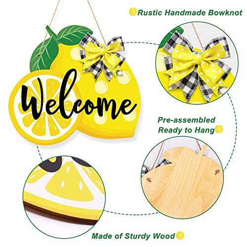 Huray Rayho Lemon Welcome Door Sign Summer Farmhouse Wooden Front Door Hanger, 13.7''x12.5'' Fresh Lemon with Yellow Black White Buffalo Plaid Bowknot, Summer Gift Ideas for Parents, Friends, Teachers