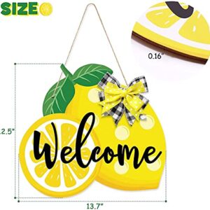 Huray Rayho Lemon Welcome Door Sign Summer Farmhouse Wooden Front Door Hanger, 13.7''x12.5'' Fresh Lemon with Yellow Black White Buffalo Plaid Bowknot, Summer Gift Ideas for Parents, Friends, Teachers