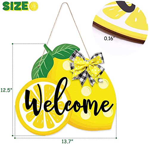 Huray Rayho Lemon Welcome Door Sign Summer Farmhouse Wooden Front Door Hanger, 13.7''x12.5'' Fresh Lemon with Yellow Black White Buffalo Plaid Bowknot, Summer Gift Ideas for Parents, Friends, Teachers