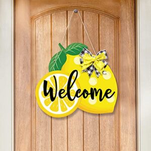 Huray Rayho Lemon Welcome Door Sign Summer Farmhouse Wooden Front Door Hanger, 13.7''x12.5'' Fresh Lemon with Yellow Black White Buffalo Plaid Bowknot, Summer Gift Ideas for Parents, Friends, Teachers