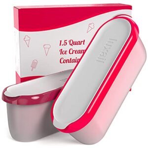 ice cream containers for homemade ice cream, reusable storage freezer ice cream container with lids,2 pack, bpa free, dishwasher safe tub. double insulated, 1.5 quart, red and burgundy , non slip base, stackable on freezer shelves.