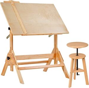 meeden wood drafting table & stool set,artist stool and craft table with adjustable height,tiltable tabletop for artwork, graphic design, reading, writing