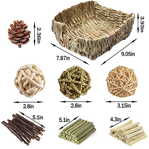 Hamiledyi Rabbit Grass Bed for Bunny, 21 Pcs Rabbit Chew Toys for Teeth Grinding Sweet Bamboo Timothy Stick Woven Grass Ball Pine Cone Natural Straw Bedding for Guinea Pig Hamster Chinchilla