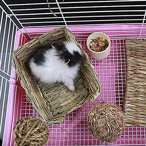 Hamiledyi Rabbit Grass Bed for Bunny, 21 Pcs Rabbit Chew Toys for Teeth Grinding Sweet Bamboo Timothy Stick Woven Grass Ball Pine Cone Natural Straw Bedding for Guinea Pig Hamster Chinchilla