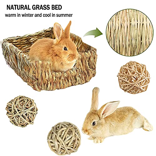 Hamiledyi Rabbit Grass Bed for Bunny, 21 Pcs Rabbit Chew Toys for Teeth Grinding Sweet Bamboo Timothy Stick Woven Grass Ball Pine Cone Natural Straw Bedding for Guinea Pig Hamster Chinchilla