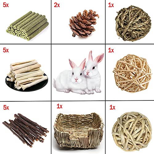 Hamiledyi Rabbit Grass Bed for Bunny, 21 Pcs Rabbit Chew Toys for Teeth Grinding Sweet Bamboo Timothy Stick Woven Grass Ball Pine Cone Natural Straw Bedding for Guinea Pig Hamster Chinchilla