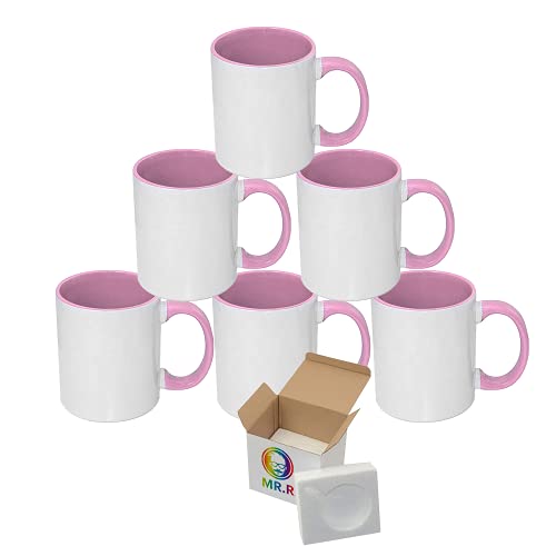 MR.R 11oz Sublimation Blank Coffee Mugs,Cup Blank White Mug Cup with Pink Color Mug Inner and Handle,Set of 6