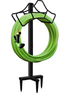 garbuildman garden hose holder stand- outdoor water pipe metal reel rack, shiny black