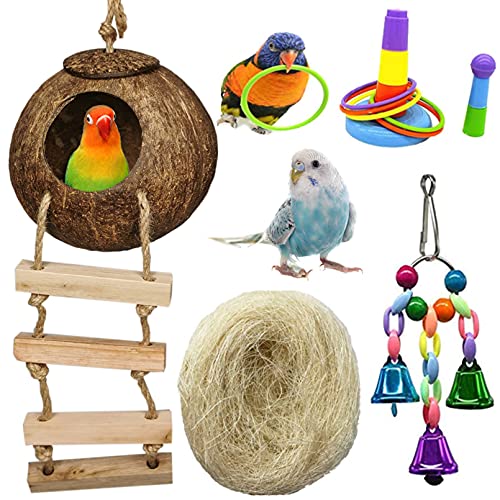 PINVNBY Coconut Bird Nest Hideaway Hut House with Ladder Parrot Training Puzzle Toy Parrot Bell Swing Hanging Birdhouse for Parrots Parakeet Lovebird Finch Canary Hamsters Etc Small Animal