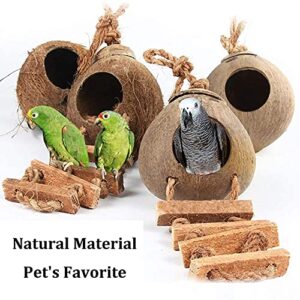 PINVNBY Coconut Bird Nest Hideaway Hut House with Ladder Parrot Training Puzzle Toy Parrot Bell Swing Hanging Birdhouse for Parrots Parakeet Lovebird Finch Canary Hamsters Etc Small Animal