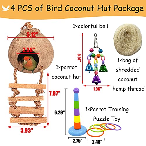 PINVNBY Coconut Bird Nest Hideaway Hut House with Ladder Parrot Training Puzzle Toy Parrot Bell Swing Hanging Birdhouse for Parrots Parakeet Lovebird Finch Canary Hamsters Etc Small Animal