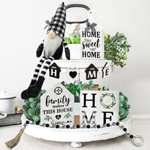 farmhouse decor - farmhouse kitchen decor - tiered tray decor bundle 6 pcs - 3 modern farmhouse wooden signs - plush gnome - wood beads garland - mini wooden banner - home table decorations