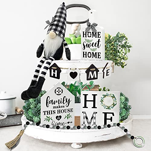 Farmhouse Decor - Farmhouse Kitchen Decor - Tiered Tray Decor Bundle 6 PCS - 3 Modern Farmhouse Wooden Signs - Plush Gnome - Wood Beads Garland - Mini Wooden Banner - Home Table Decorations