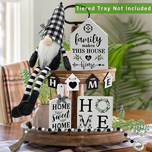 Farmhouse Decor - Farmhouse Kitchen Decor - Tiered Tray Decor Bundle 6 PCS - 3 Modern Farmhouse Wooden Signs - Plush Gnome - Wood Beads Garland - Mini Wooden Banner - Home Table Decorations