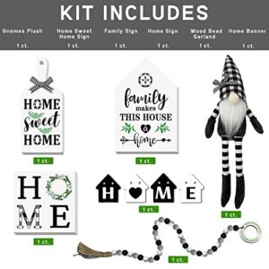 Farmhouse Decor - Farmhouse Kitchen Decor - Tiered Tray Decor Bundle 6 PCS - 3 Modern Farmhouse Wooden Signs - Plush Gnome - Wood Beads Garland - Mini Wooden Banner - Home Table Decorations