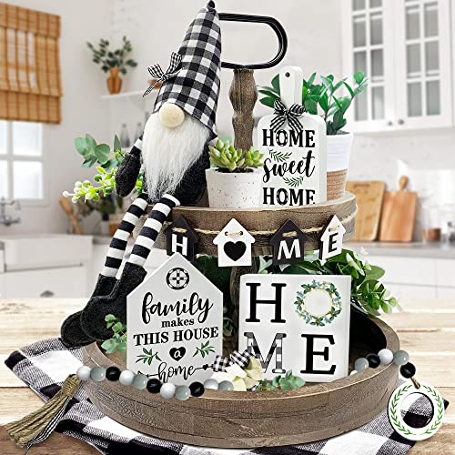 Farmhouse Decor - Farmhouse Kitchen Decor - Tiered Tray Decor Bundle 6 PCS - 3 Modern Farmhouse Wooden Signs - Plush Gnome - Wood Beads Garland - Mini Wooden Banner - Home Table Decorations