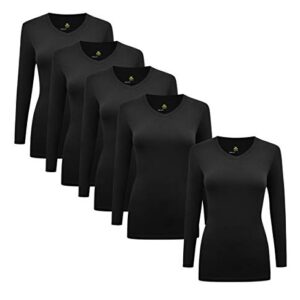 Natural Uniforms Women's V-Neck Long Sleeve Under Scrub Stretch T-Shirt - Multi Pack of 5 (Medium, 5 Pack- Black)