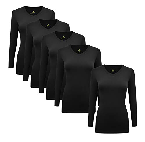 Natural Uniforms Women's V-Neck Long Sleeve Under Scrub Stretch T-Shirt - Multi Pack of 5 (Medium, 5 Pack- Black)