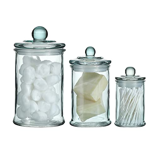 Motifeur Glass Apothecary Jar | Bathroom Storage Organizer Canister (Set of 3, Blue)