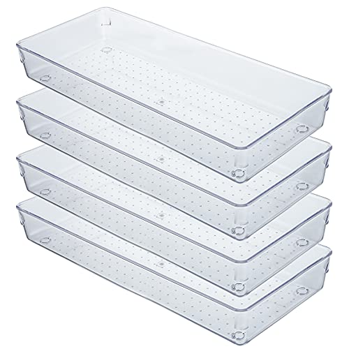 Kingrol 4 Pack Clear Drawer Organizer Trays, 15 x 6 x 2 Inch Desk Drawer Divider Storage Bins, Storage Box Set for Utensils Junks Vanities Makeups Jewelry Office Craft Supplies